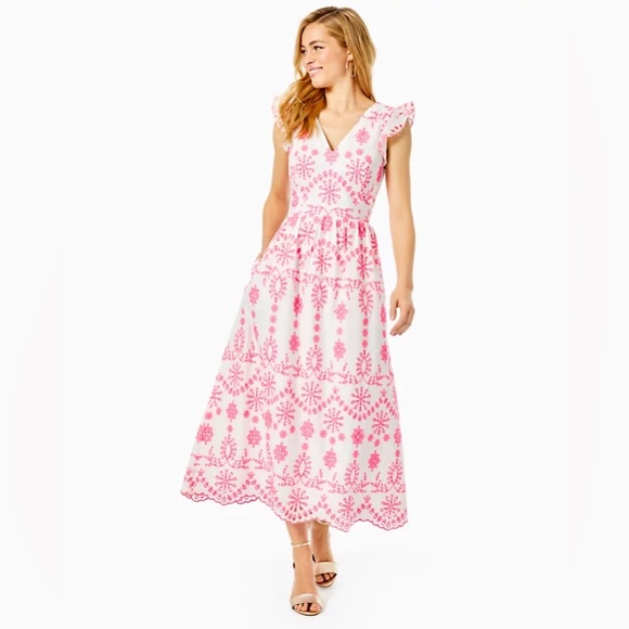 Lilly Pulitzer | Dresses | Nwot Lilly Pulitzer Lillyanne Eyelet Midi Dress Open Back Pink Neon ...